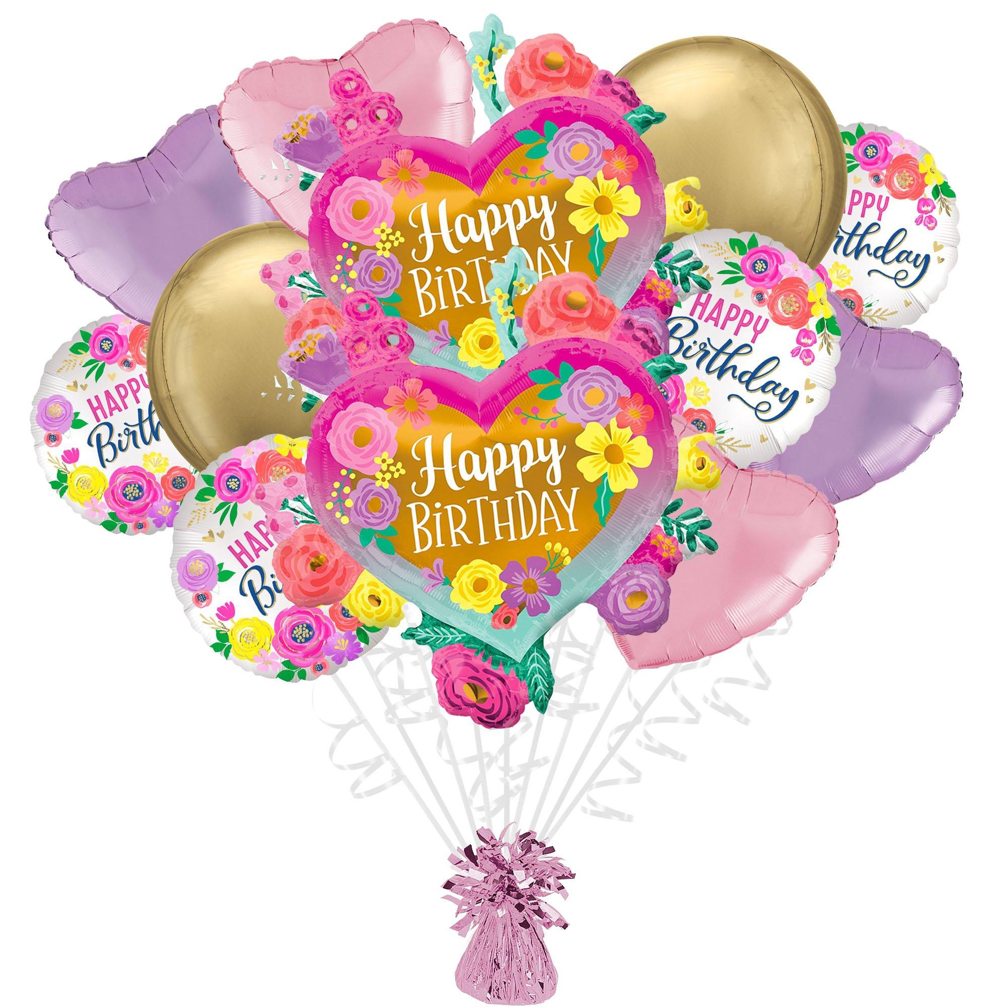Premium Painted Flowers Birthday Foil Balloon Bouquet with Balloon Weight 13pc Party City